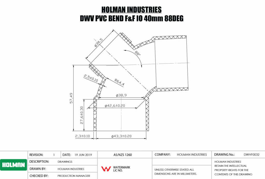 DWV PVC BEND F&F INSPECTION OUTLET - 40mm, 88º, F&F - Holman Plumbing