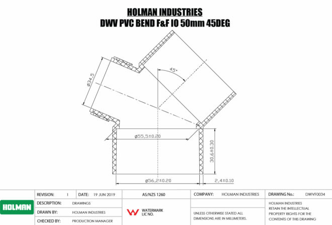 DWV PVC BEND F&F INSPECTION OUTLET - 50mm, 45º, F&F - Holman Plumbing