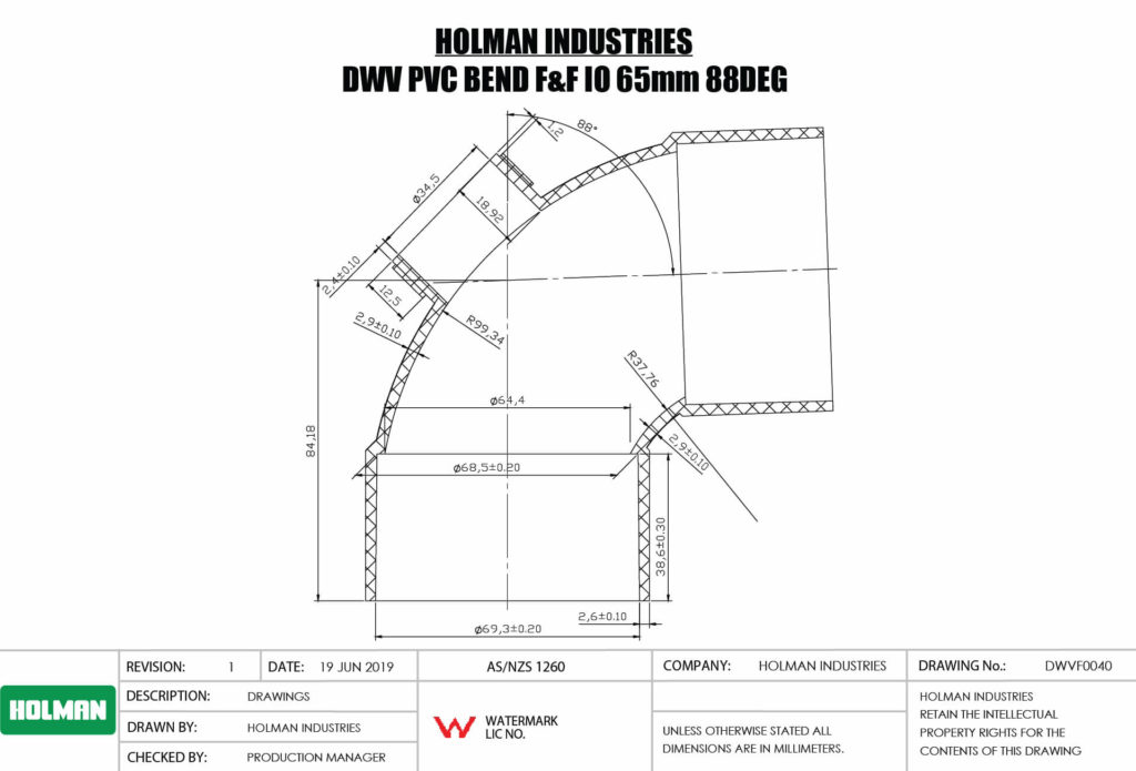 DWV PVC BEND F&F INSPECTION OUTLET - 65mm, 88º, F&F - Holman Plumbing