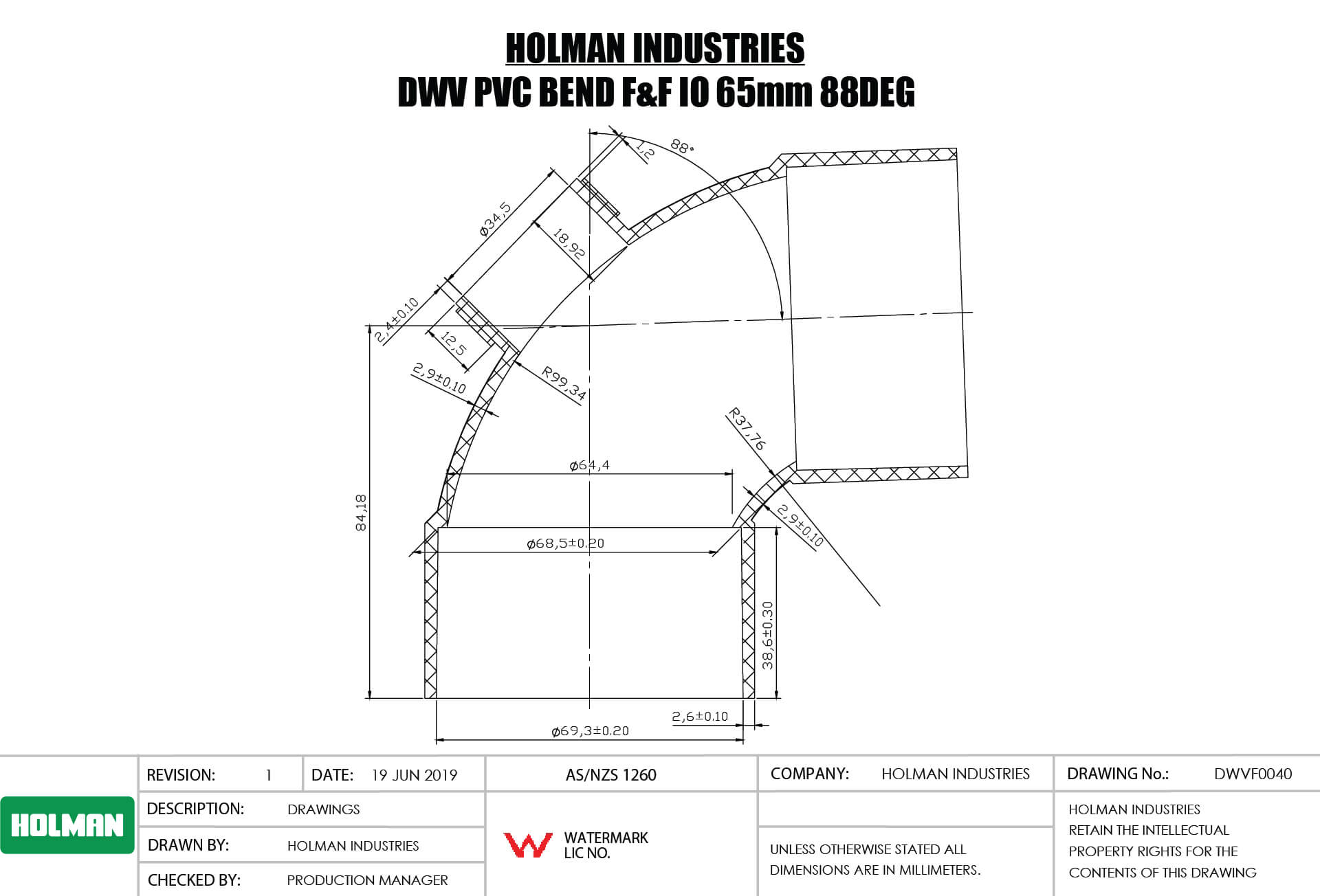 DWV PVC BEND F&F INSPECTION OUTLET - 65mm, 88º, F&F - Holman Plumbing