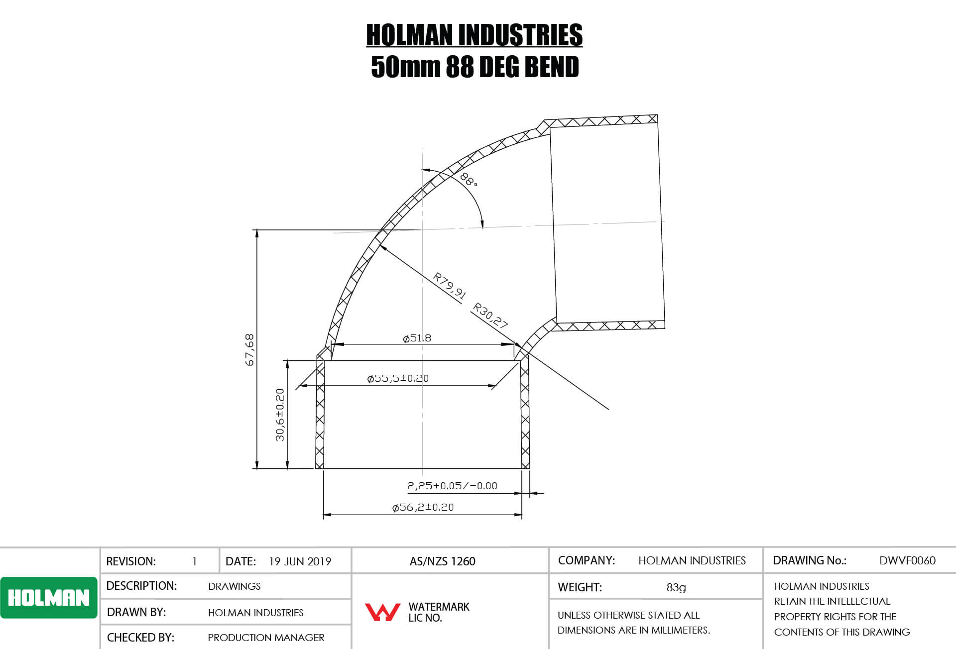 DWV PVC BEND PLAIN - 50mm, 88º, F&F - Holman Plumbing