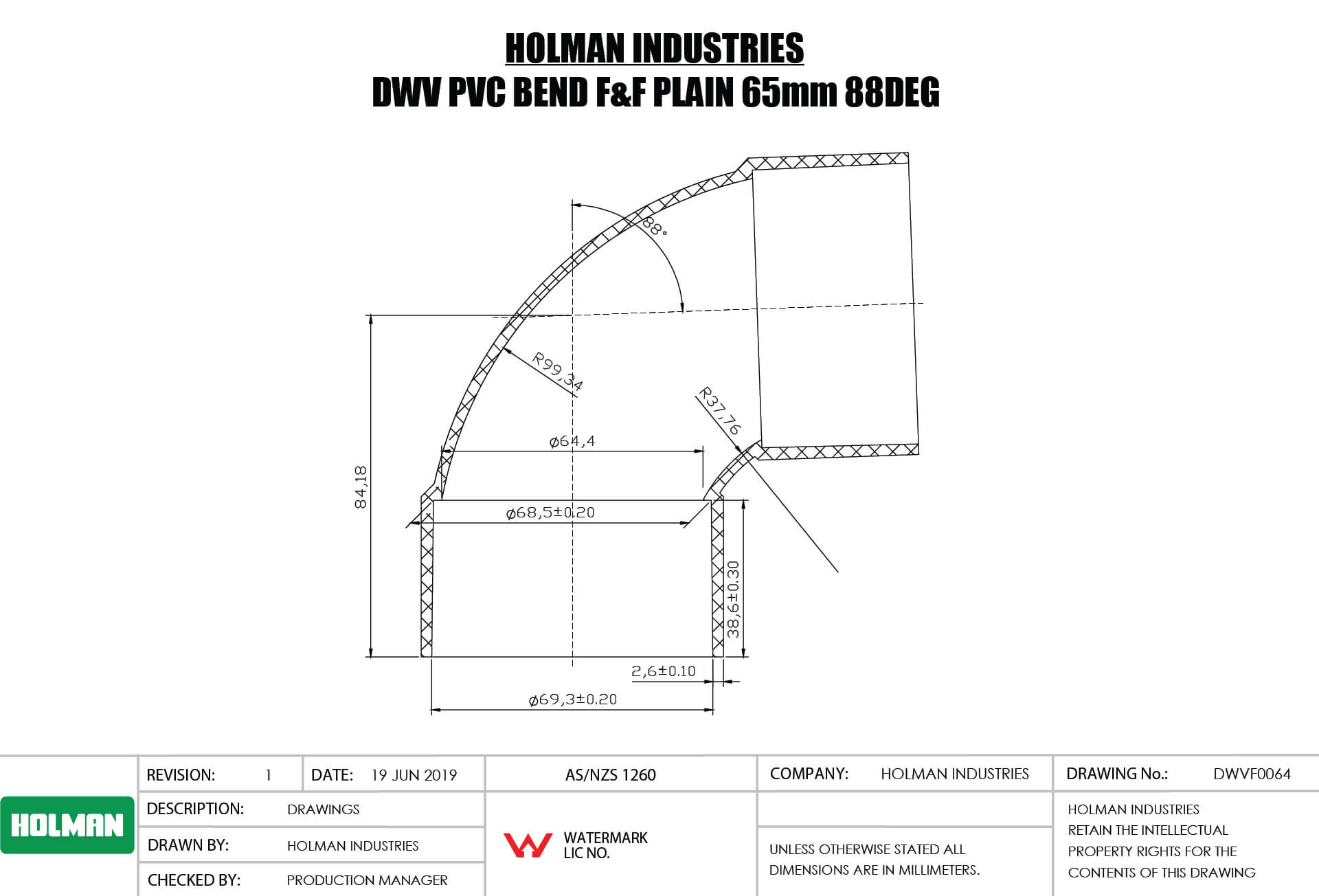DWV PVC BEND PLAIN - 65mm, 88º, F&F - Holman Plumbing