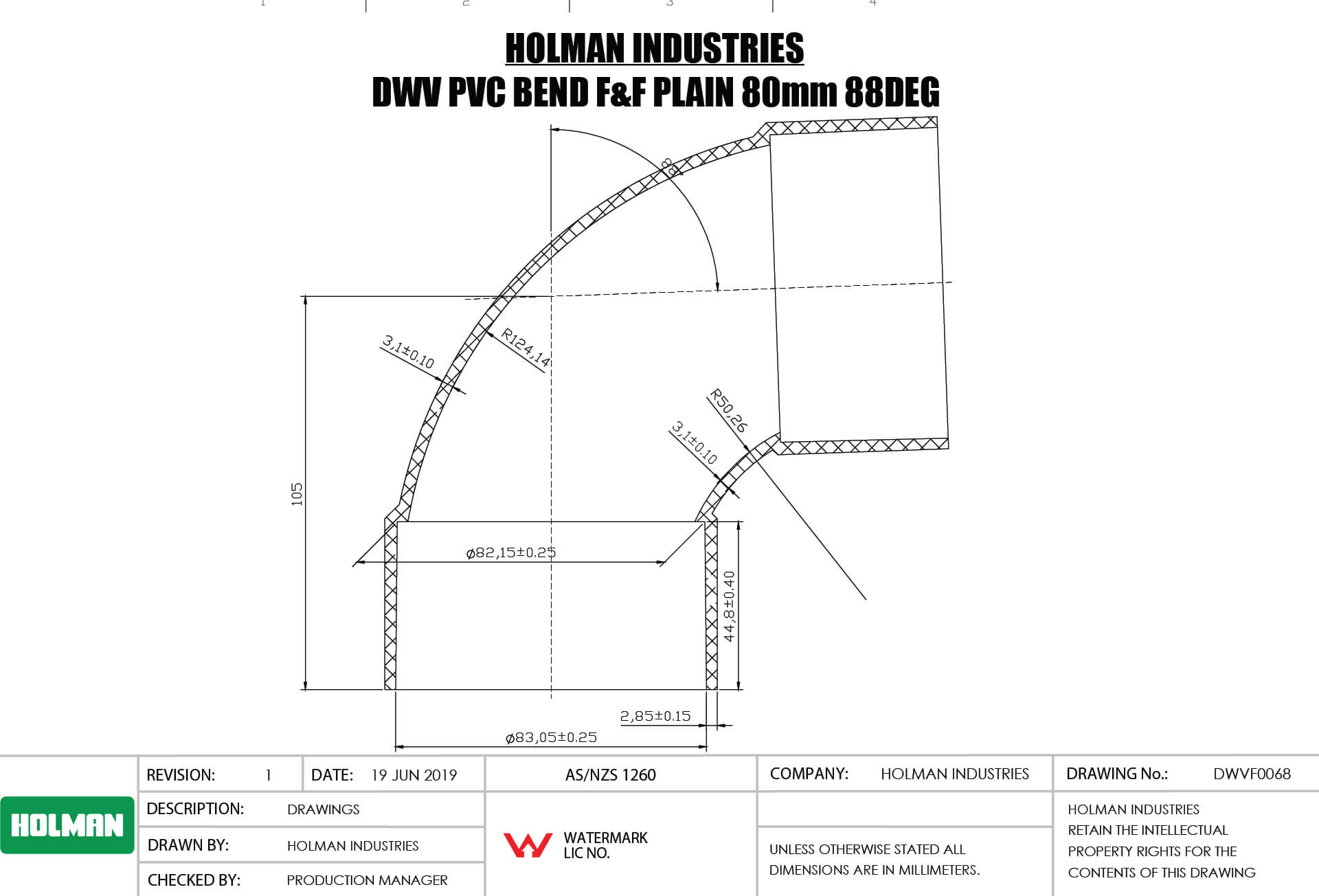 DWV PVC BEND PLAIN - 80mm, 88º, F&F - Holman Plumbing