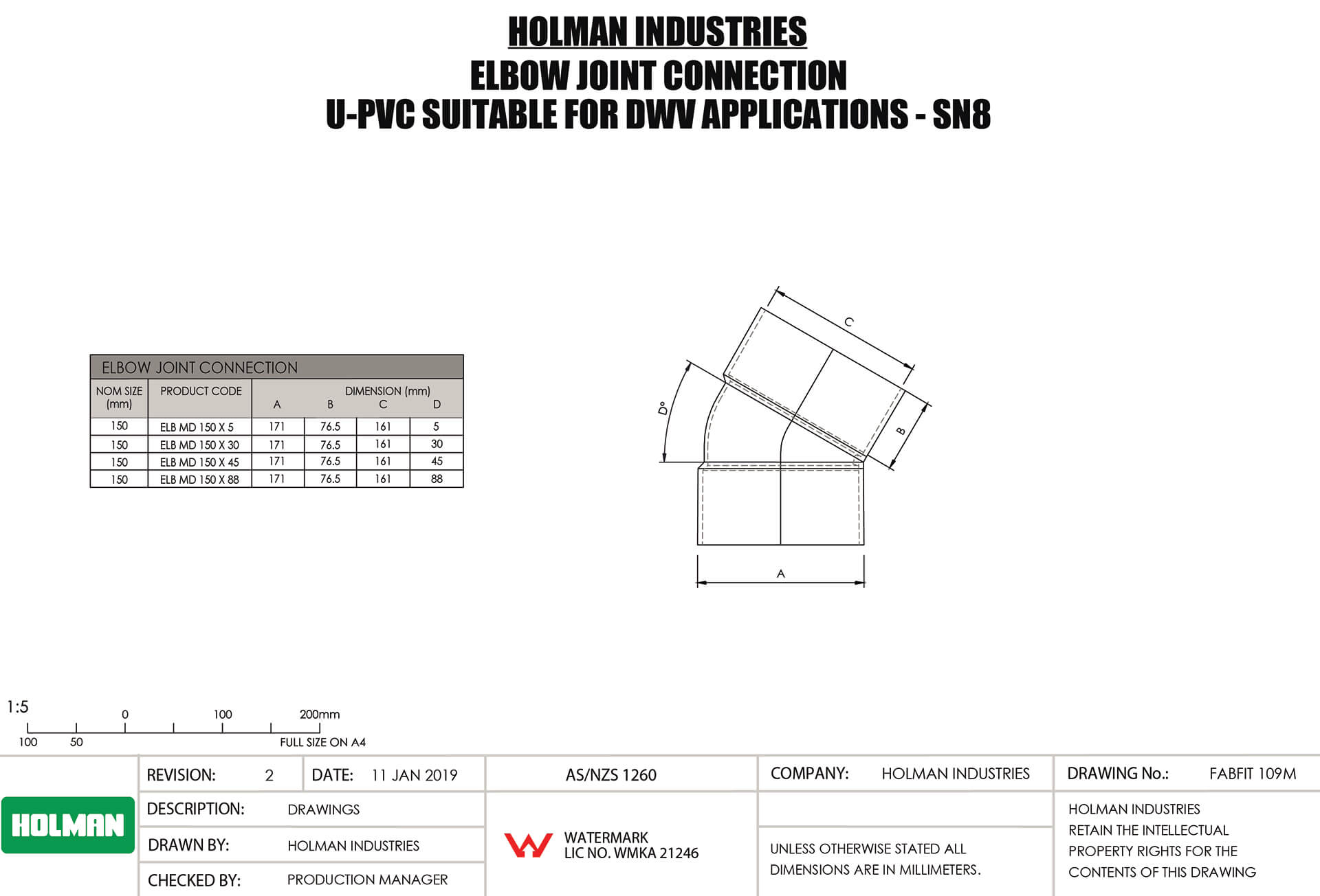 DWV PVC BEND PLAIN - 150mm, 5º, F&F - Holman Plumbing
